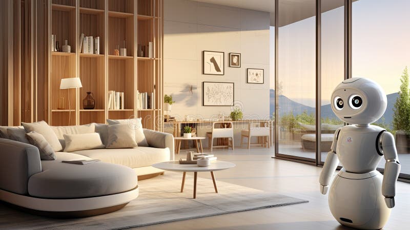 Home Robot Assistant in Modern Minimalist Interior. Stock Illustration ...