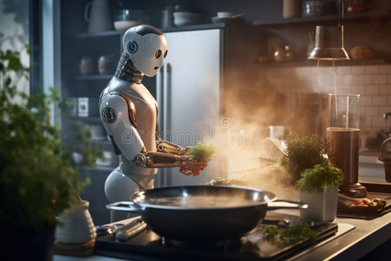 Home Robot in the Kitchen, Cooking, Modern Kitchen Stock Illustration ...