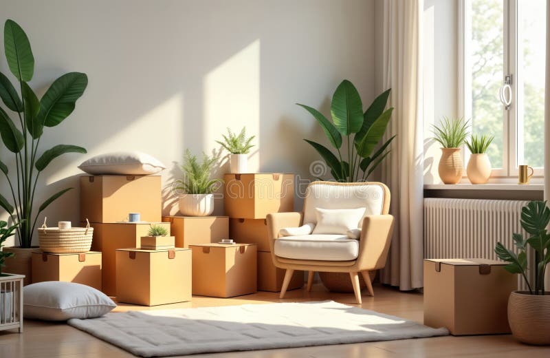 Home Room Decluttering Process with Boxes, Containers. Moving Items ...