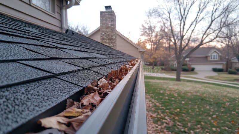 A Home S Gutter Filled with Fallen Leaves, Set Against a Suburban ...