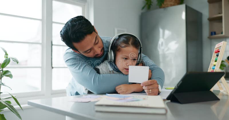 Home School, Dad and Child Hug in Kitchen with Card, Tablet and ...