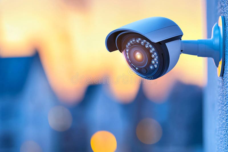 Home Security Camera Mounted on Wall Capturing Urban Surroundings at ...