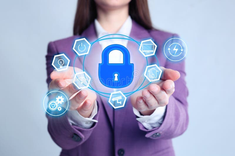 Home Security Concept. Woman Demonstrating Digital Lock on Background ...