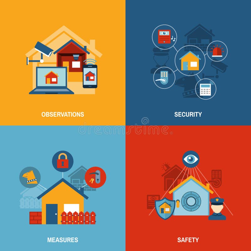 Home Security 4 Flat Icons Square Stock Vector - Illustration of ...