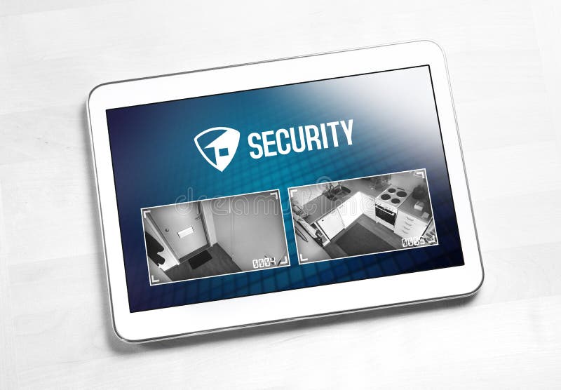 Man Using Home Security System and Application in Tablet. Stock Image ...