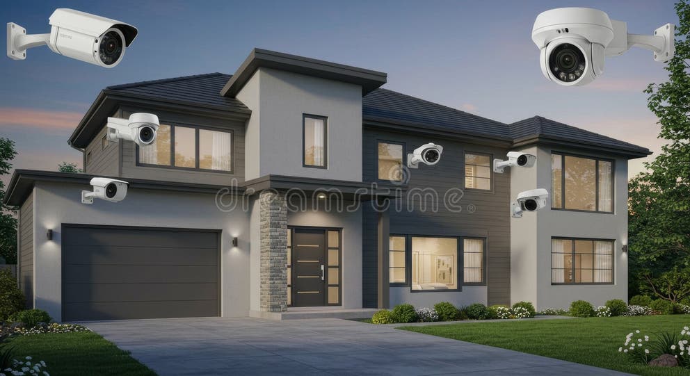 Home Security System with Multiple Cameras Modern House Protected by a ...