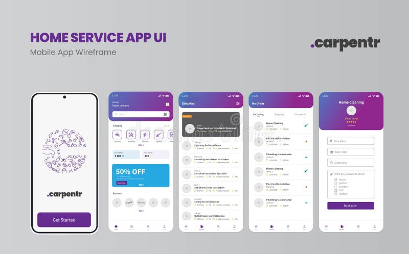 Home Service Mobile Apps UI, UX, GUI. Wireframe Application Design ...