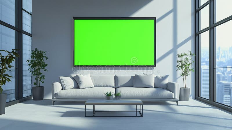 Home Setting with Floor-to-ceiling Windows, Soft Shadows, and a Bright Green Screen Area Framed ...