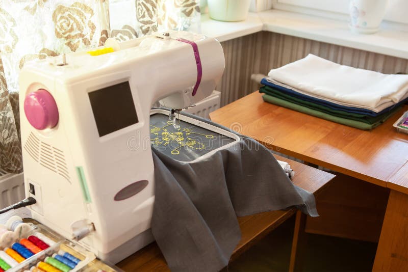 Home Sewing Workshop, Workplace, with a Modern Embroidery Machine ...