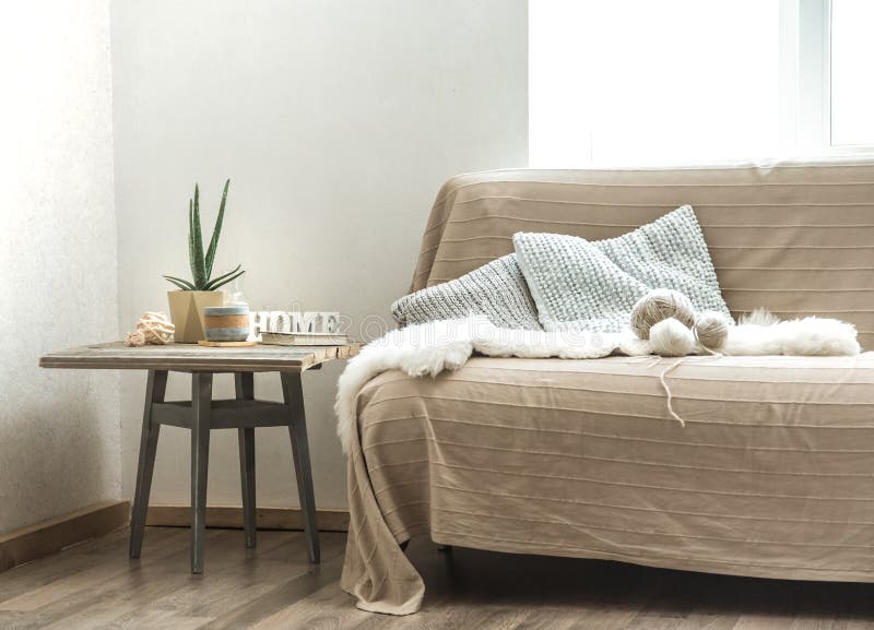 Home Sofa with Objects of Cozy Decor in the Living Room Stock Image ...