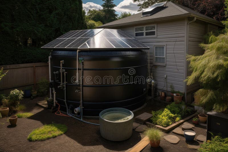 A Home with Solar Panels on the Roof and a Rainwater Collection System ...