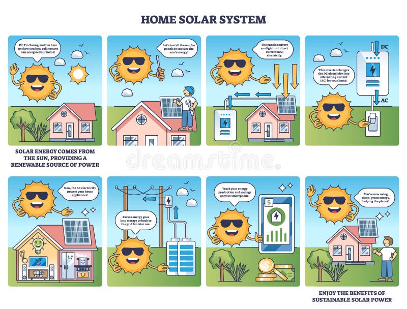 Home Solar Power System Installation and Principle in Comic Style ...