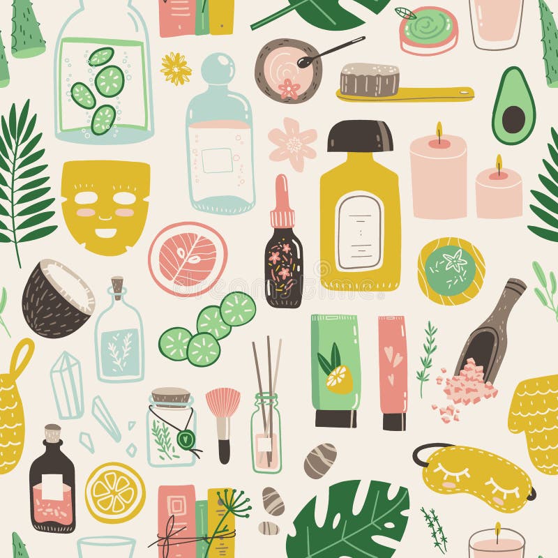 Home SPA Doodle Seamless Pattern with Elements, Ingredients and ...