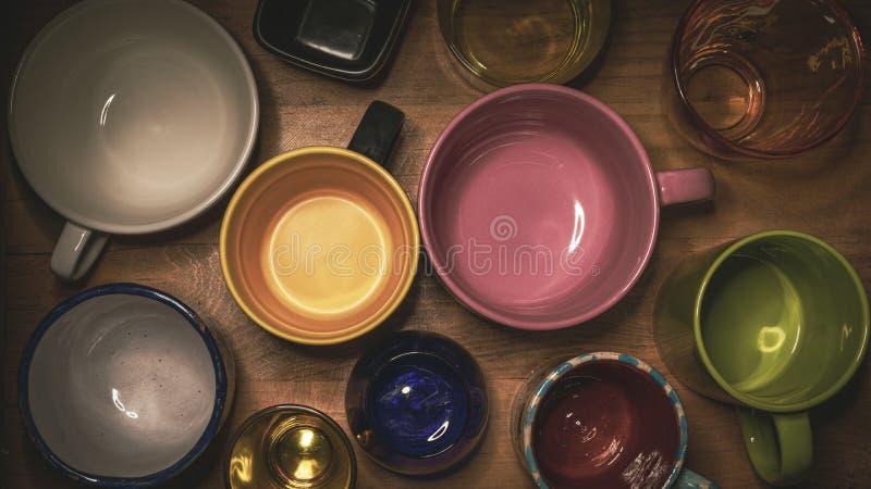 Home Still Life with Cups and Glasses of Different Materials and Colors ...