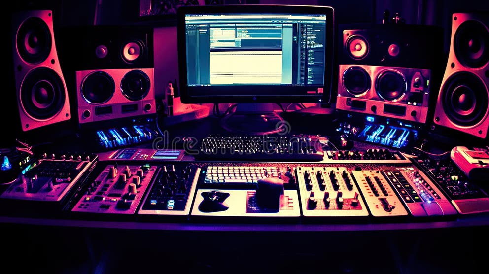 Home Studio Music Production Setup, Nighttime Stock Photo - Image of ...