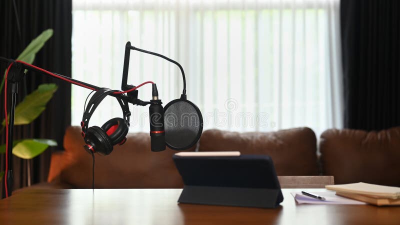 Home Studio Podcast with Professional Condenser Microphone, Tablet and ...