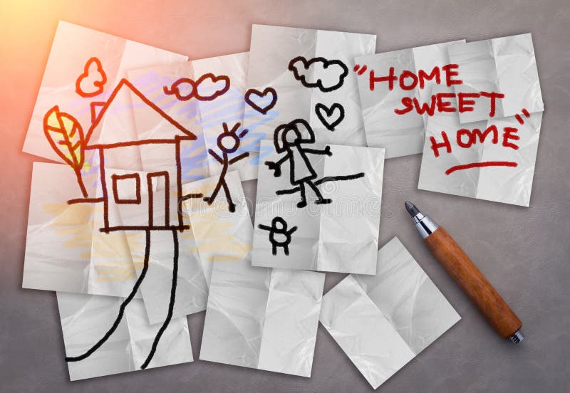 Home Sweet Home House Drawing with Paper Note Stock Image - Image of ...