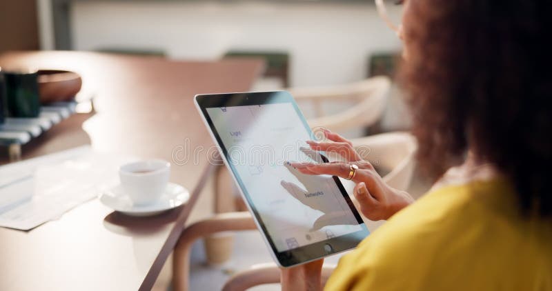 Home, Tablet and Woman with Scroll on Screen for User Experience ...