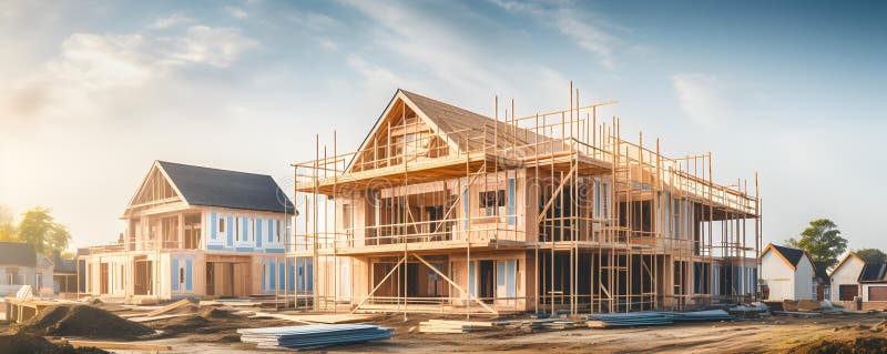 A Home Taking Shape with Wooden Frames and Scaffolding in Construction ...