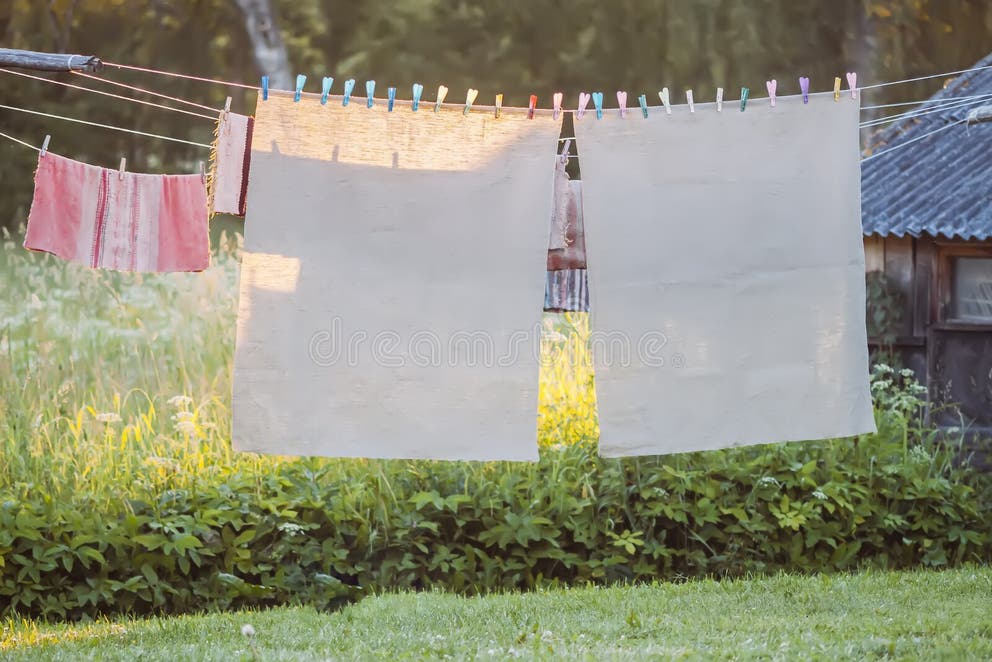 |Home Textile Drying on Washing Line Outdoors Stock Photo - Image of ...
