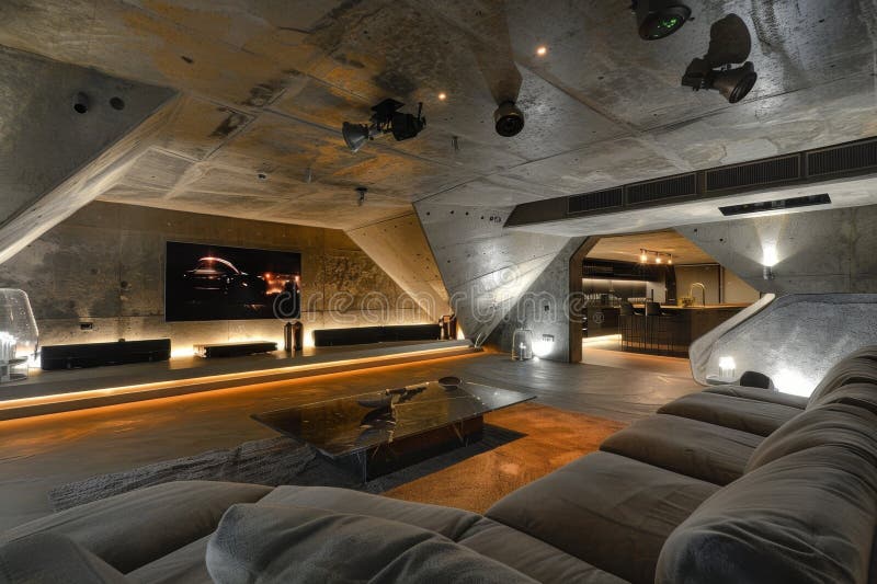 Home Theater in an Underground Cave with Comfortable Sofas and a Screen ...