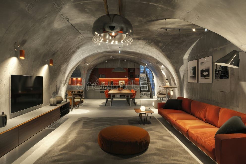 Home Theater in an Underground Cave with Comfortable Sofas and a Screen ...