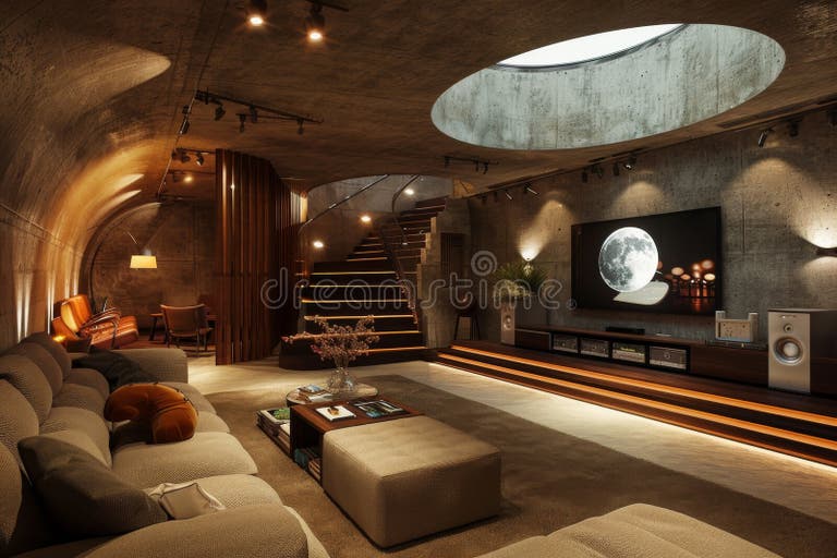 Home Theater in an Underground Cave with Comfortable Sofas and a Screen ...