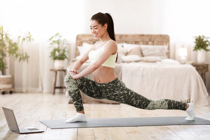Home Training Asian Girl Doing Stretching Exercises Front Laptop Stock ...