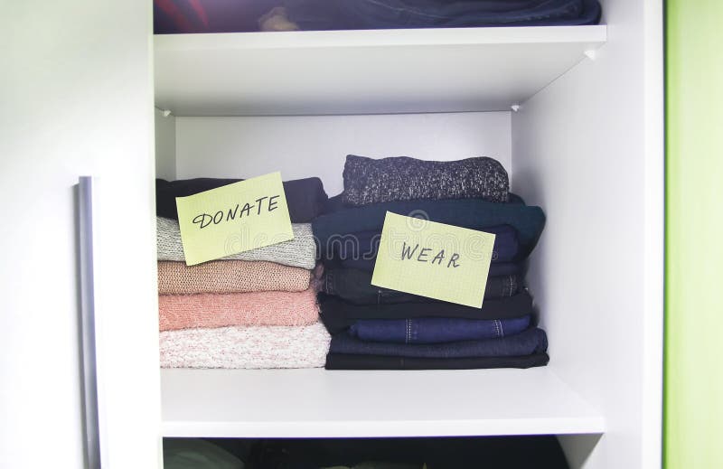 Different Clothes in Home Wardrobe with Paper Notes. Small Space ...