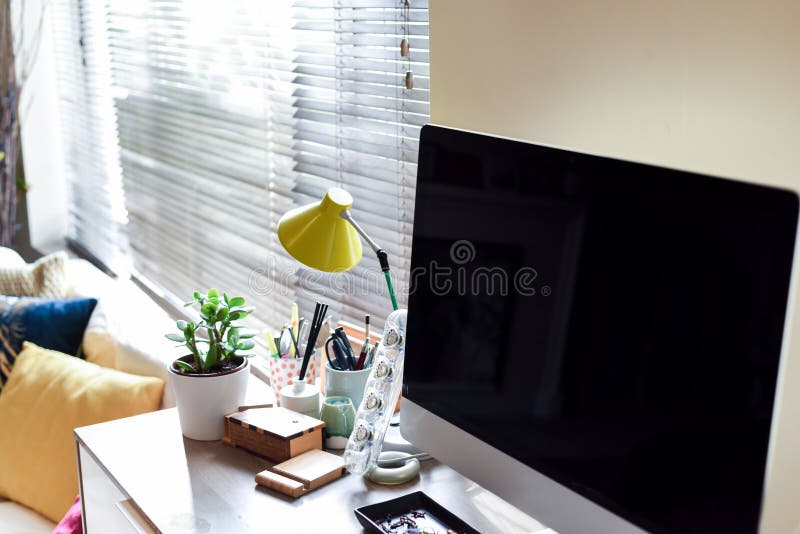 Home Working Area with Office Desk Set Up in Living Room Stock Image ...