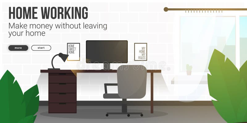 Home Working Banner with Workspace. Home Office. Freelance Concept ...