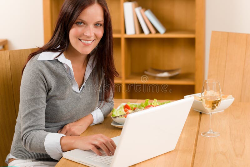 Businesswoman in Cubicle Eating Sushi Smiling Stock Photo - Image of ...