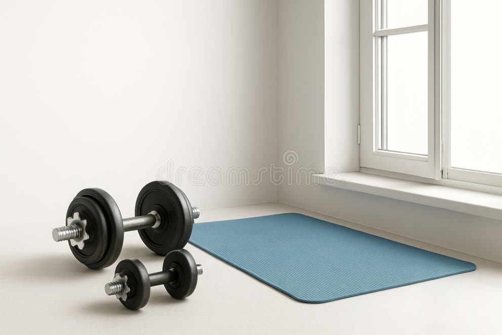 Home Workout with Dumbbells by a Bright Window. Space for Text. Stock ...