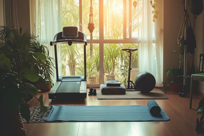 Home Workout Fitness Corner, Treadmill in a Cozy Setting Stock ...