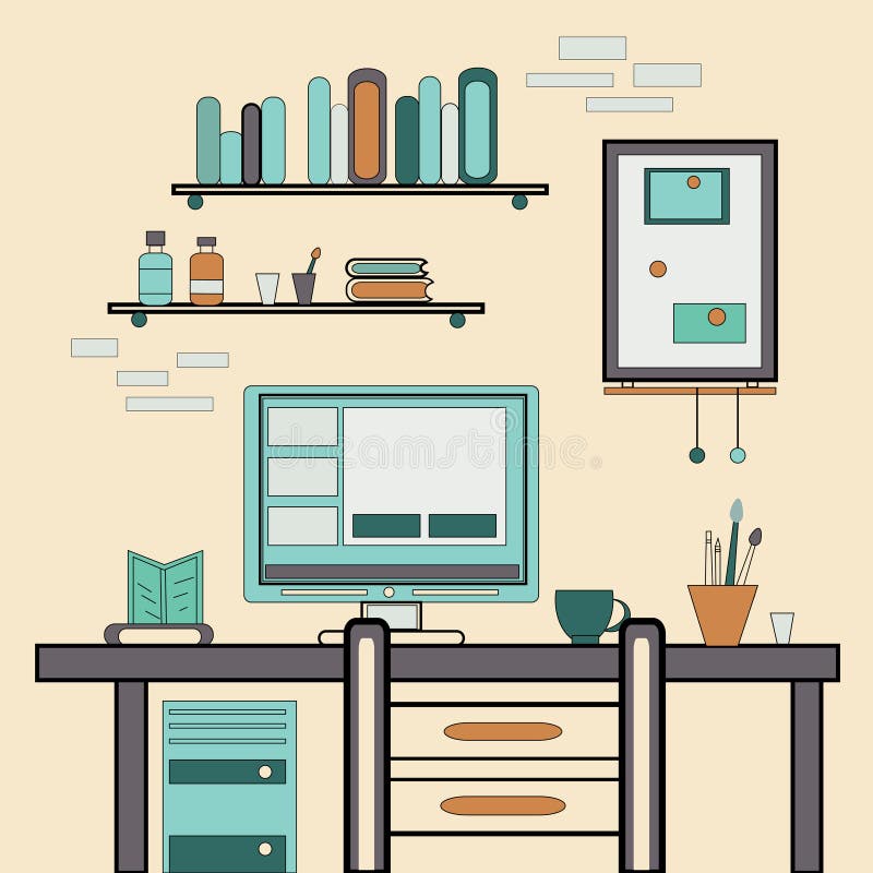 Home Workplace Flat Vector Design. Workspace for Stock Vector - Illustration of desk, education ...
