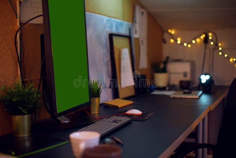 Home Workplace. Green Screen Computer Stock Image - Image of green ...