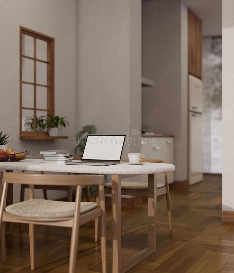 Home Workplace, Laptop Mockup on Dining Table in Beautiful Cozy Dining ...