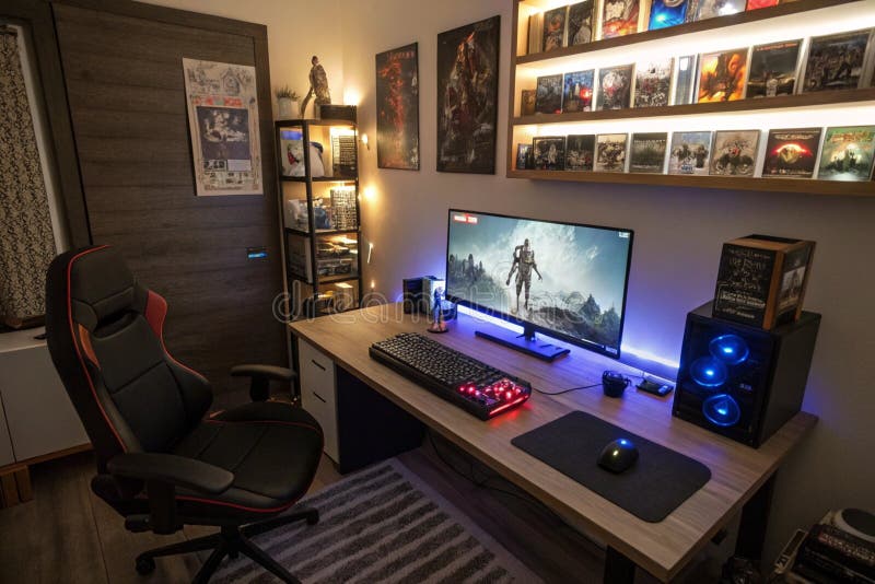 Home Workplace of a Gamer with Computer and Gamepad Stock Illustration ...