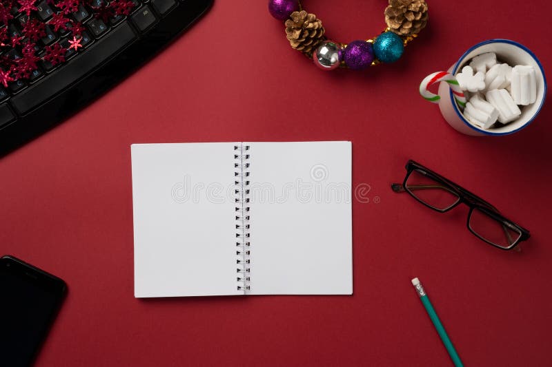 Home Workplace with Spiral Notepad, Mug with Marshmallows and Keyboard ...