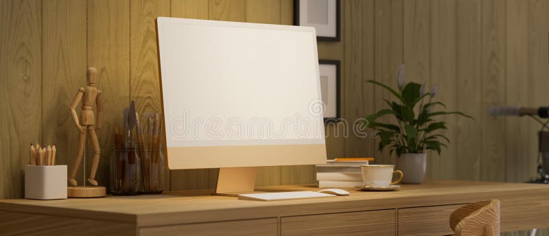 Home Workspace in Modern Rustic Wood Interior, Computer Blank Screen ...