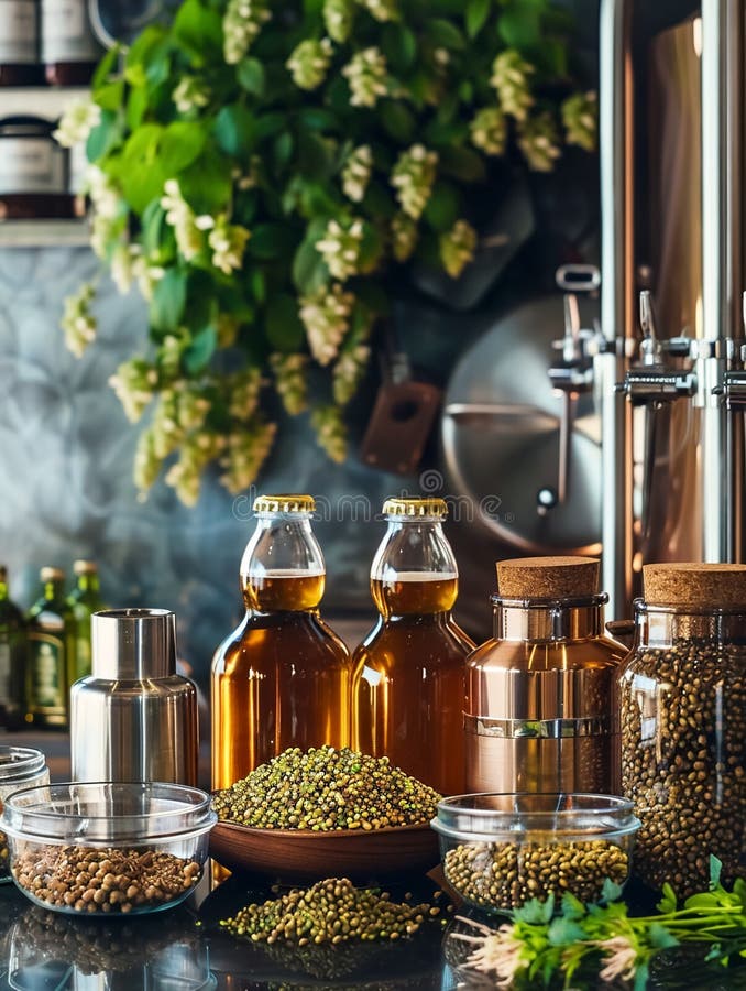 Homebrewing Equipment with Bottles, Grains, and Herbs in Cozy Kitchen ...