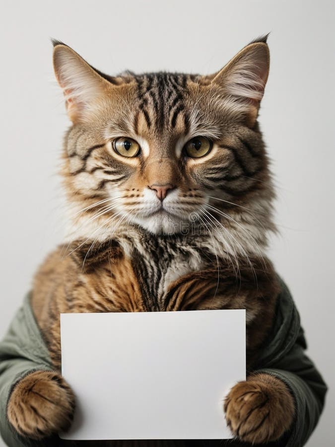 A Homeless Cat in a Jacket Holds an Empty Sign in Its Paws on White ...