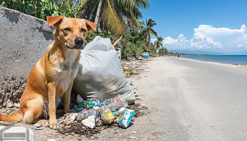 Homeless Dog Sitting by Plastic Garbage on Tropical Beach, Pollution ...