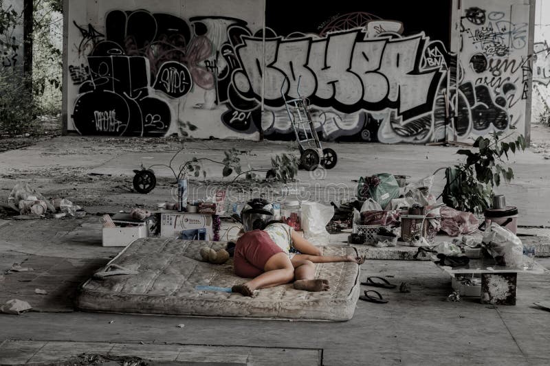 Homeless Girl is Sleeping in the Abandoned Building Editorial ...