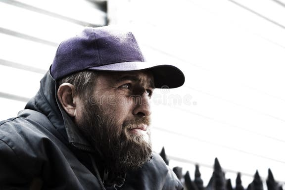 Sad Homeless Man in Depression on City Street Stock Photo - Image of ...