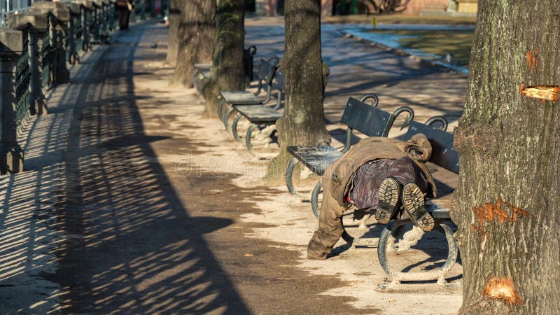 Homeless Man on a Bench stock photo. Image of alone, cold - 85761878