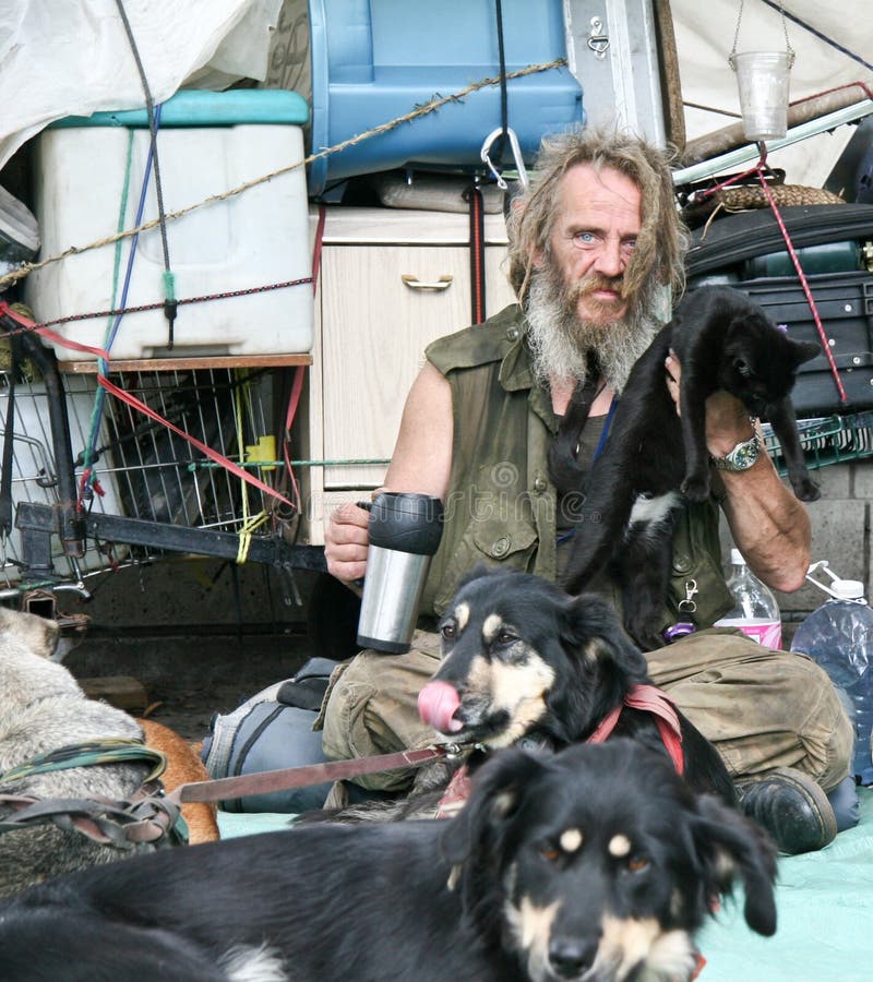 Homeless Man with Cat and Dogs Editorial Stock Image - Image of grunge ...