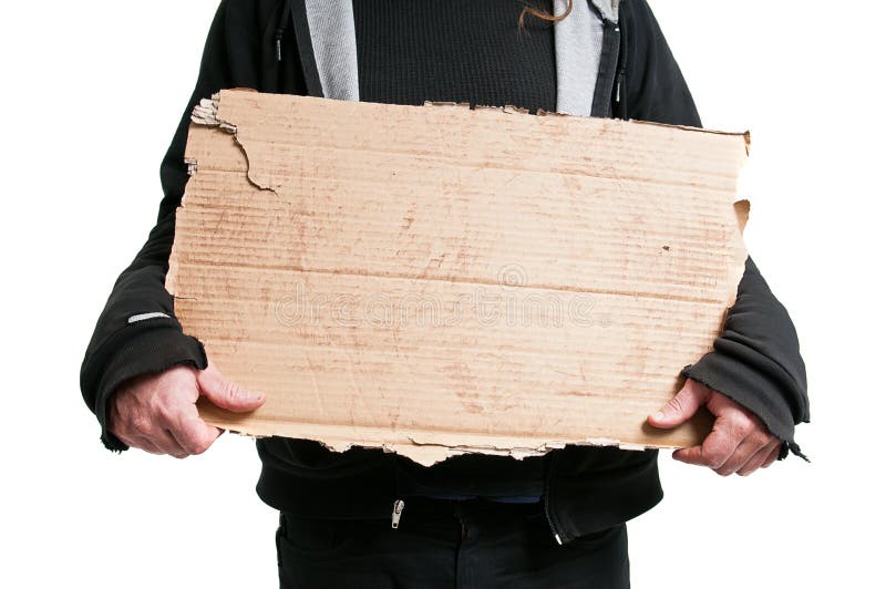 Homeless Man Holding Cardboard Sign Stock Photo - Image of hair ...