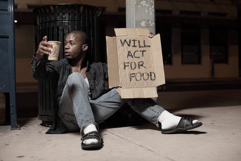 Homeless Man Holding a Sign Stock Photo - Image of begging, food: 12031848