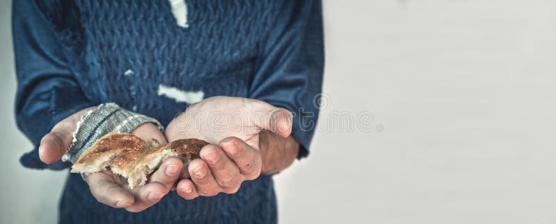 Homeless Man Showing a Pieces of Bread. Stock Image - Image of social ...
